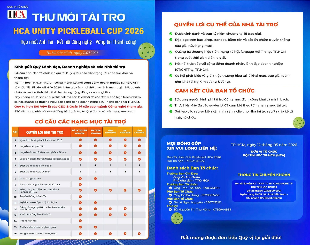 HCA Unity Pickleball Cup 2026 – Đăng ký vận động viên và mời tài trợ